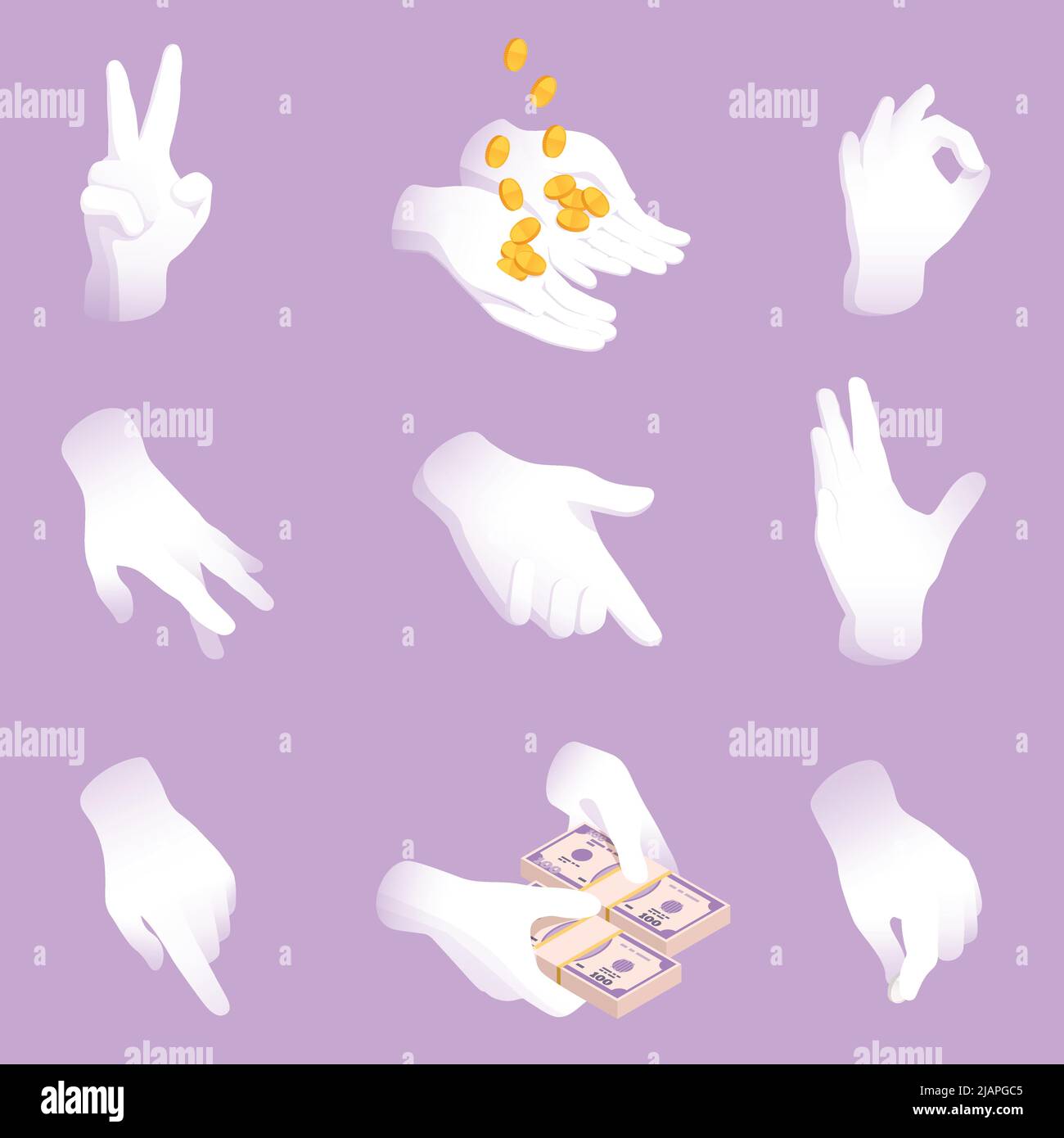 Hands holding money and making signs isometric icons set isolated ...