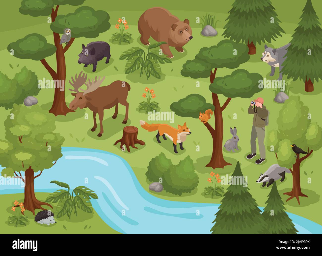 Isometric forest composition with outdoor scenery of forest with river ...