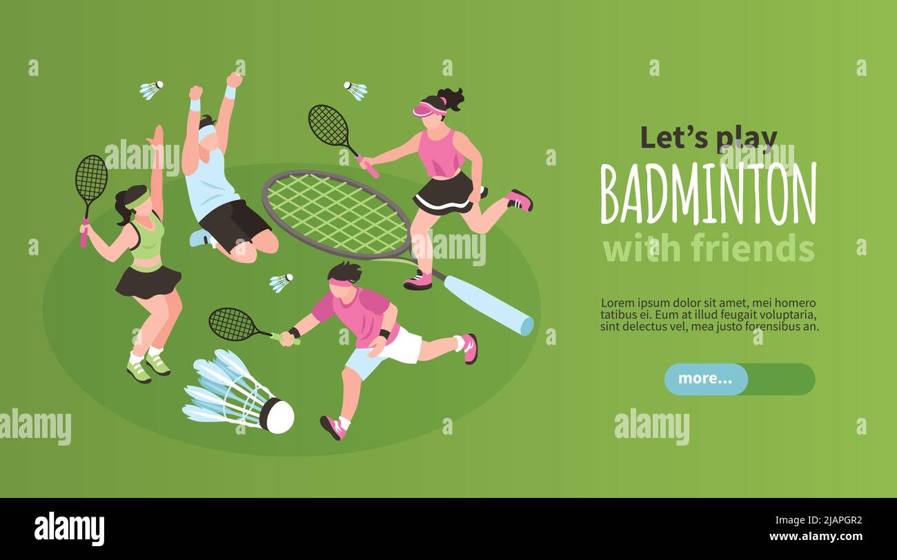 Isometric badminton horizontal banner with characters of players with ...