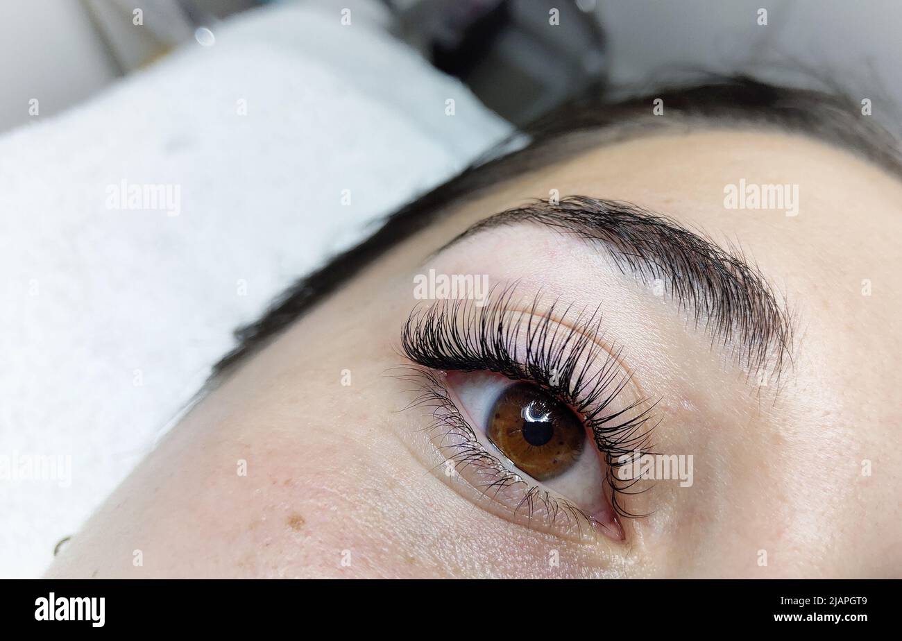 Eyelash extensions in beauty salon macro eye Stock Photo - Alamy