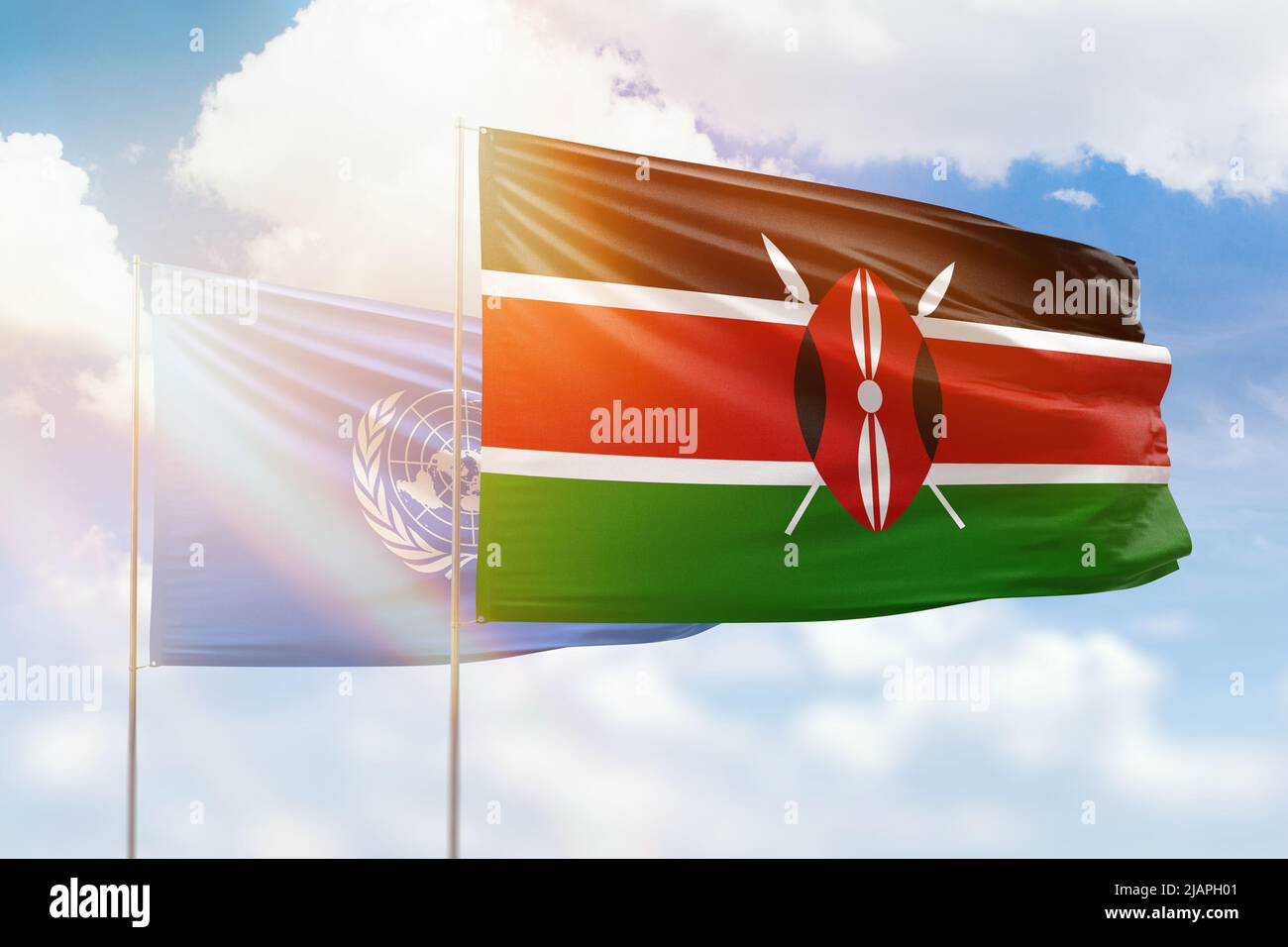 Sunny blue sky and flags of kenya and united nations Stock Photo - Alamy