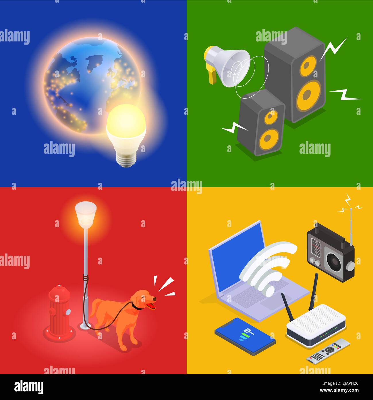 Noise light and electromagnetic pollution isometric 2x2 set isolated ...