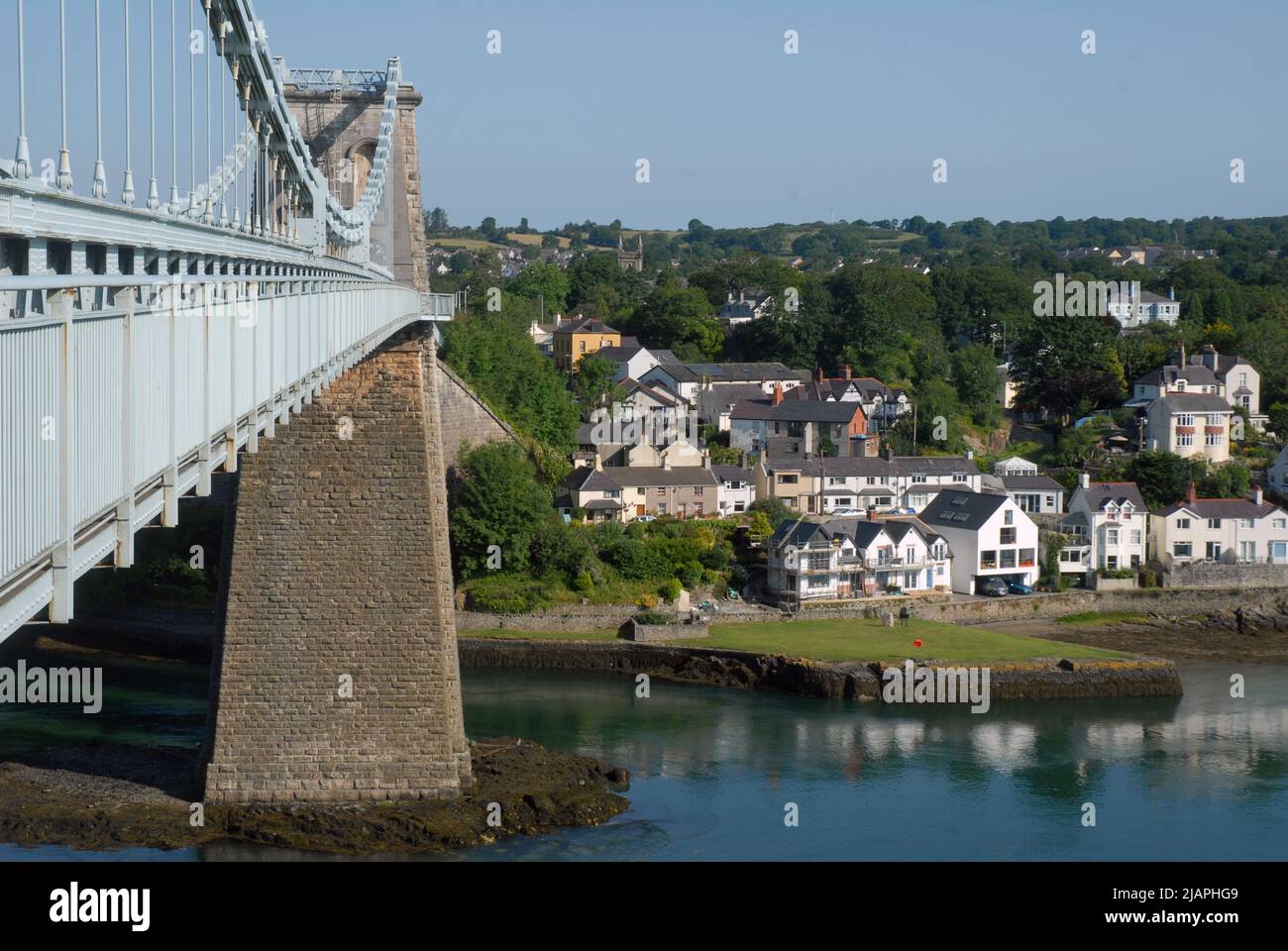 The Menai Suspension Bridge, designed by Thomas Telford, looking across ...