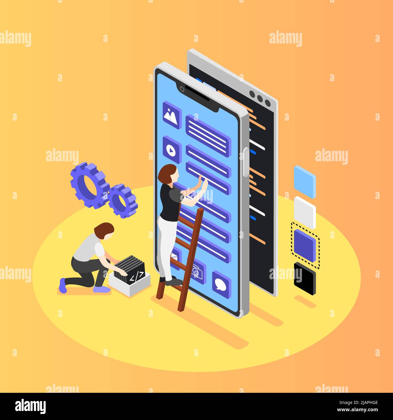 UI and UX designers isometric background with two young woman ...