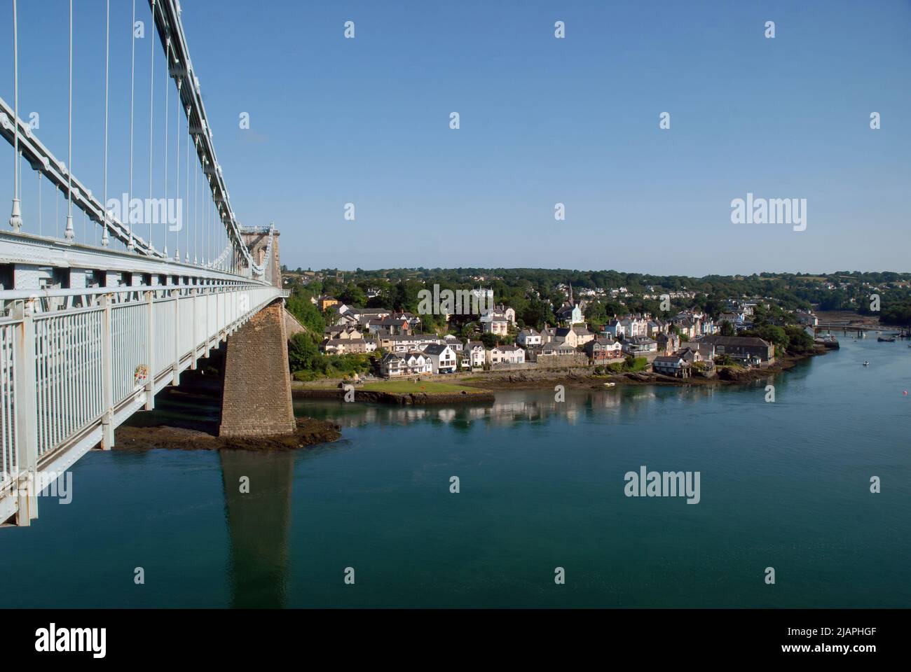 The Menai Suspension Bridge, designed by Thomas Telford, looking across ...