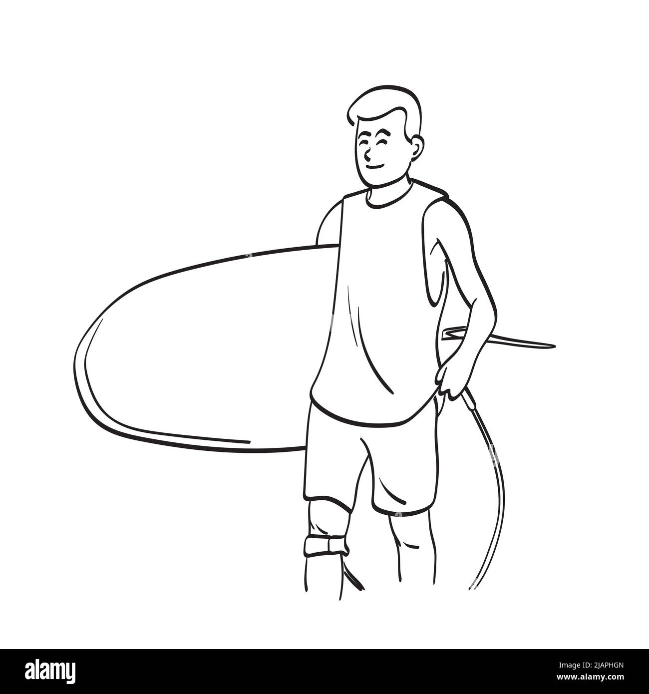 line art half length of smiling man holding surfboard illustration ...