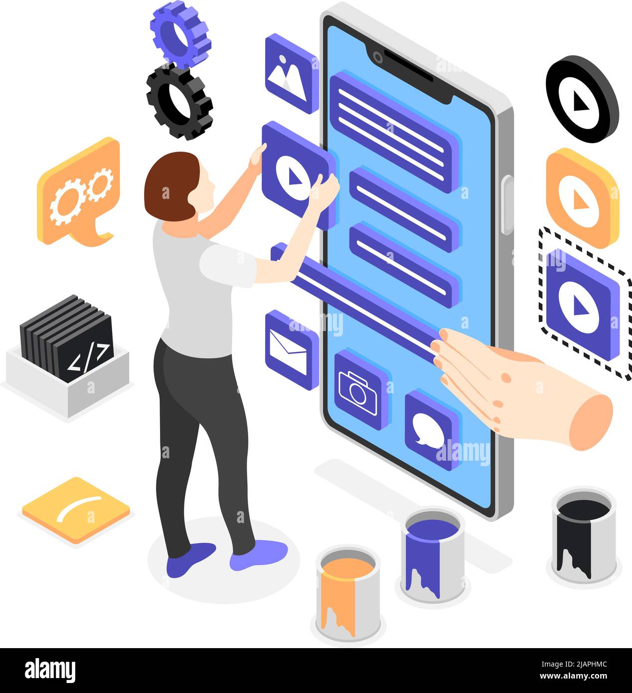 User interface development isometric concept with young woman creating custom design for mobile ...