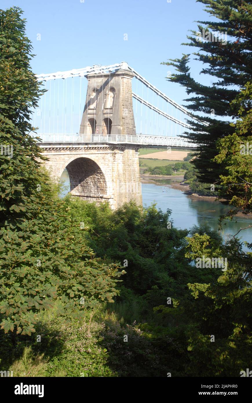 The Menai Suspension Bridge, designed by Thomas Telford, looking across ...