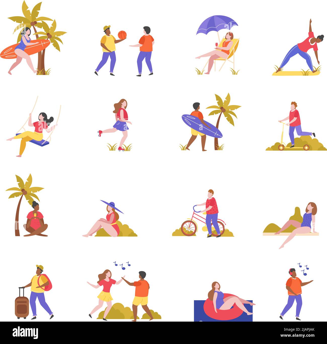 Summer activities flat set of isolated icons representing different ...