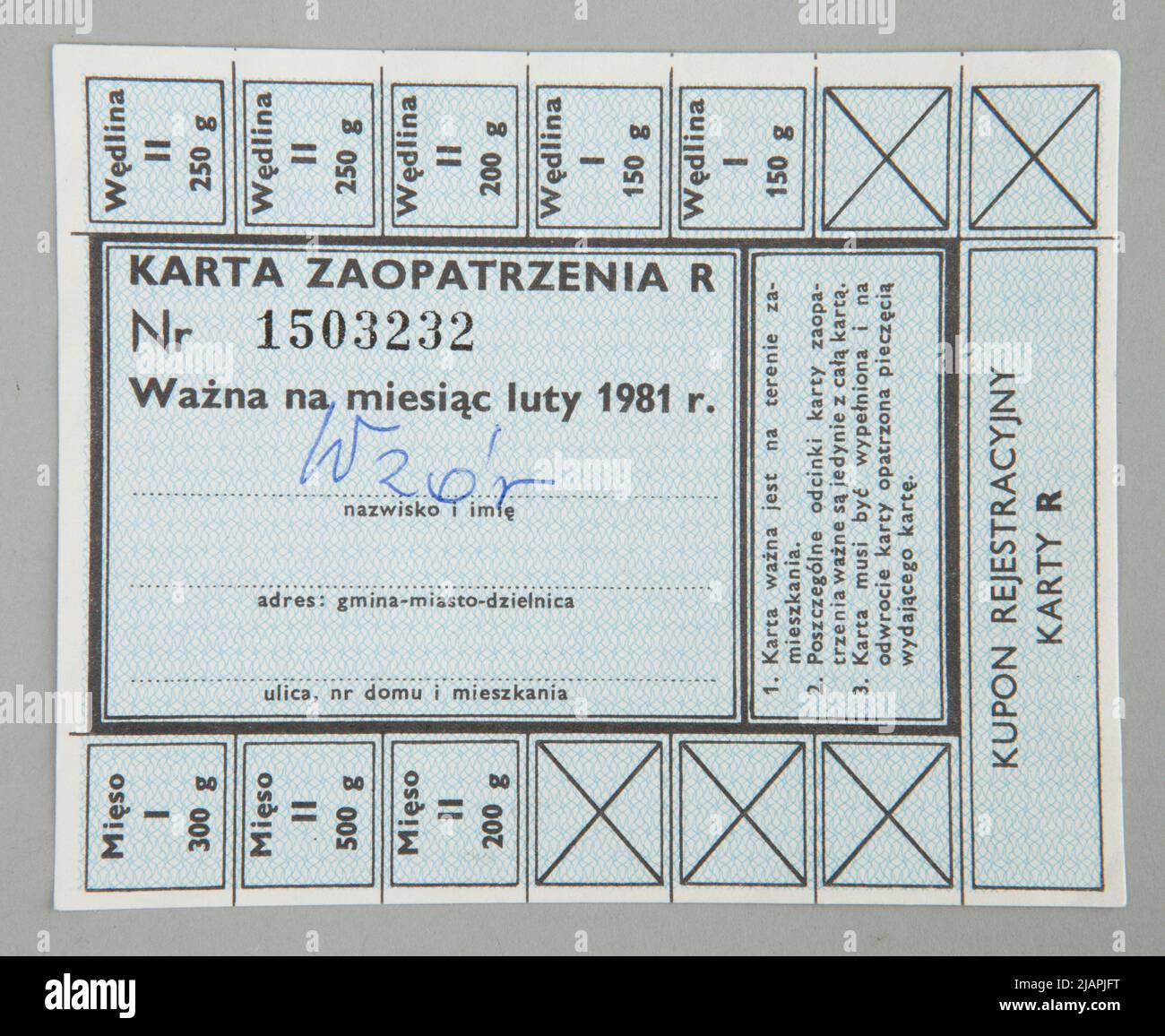 A pattern of a regulation card for meat, sausages and poultry from 1981 ...