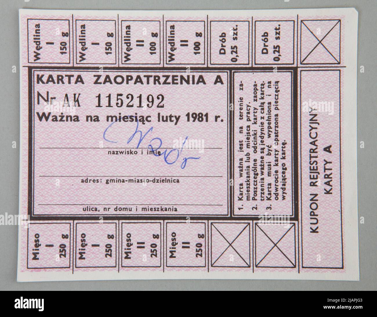 A pattern of a regulation card for meat, sausages and poultry from 1981 ...