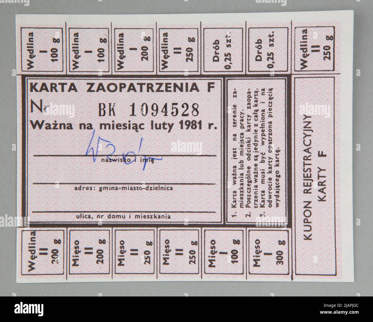 A pattern of a regulation card for meat, sausages and poultry from 1981 ...