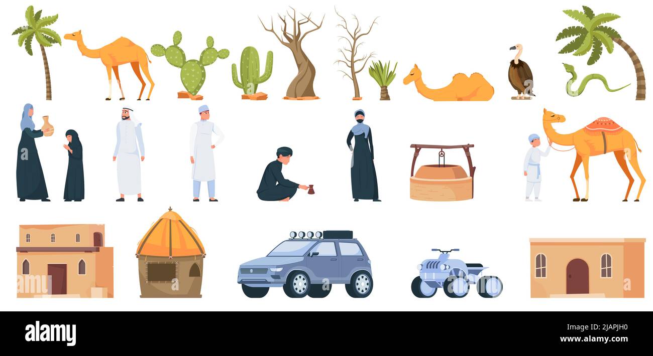 Desert people set of flat isolated icons with cars houses and wild ...