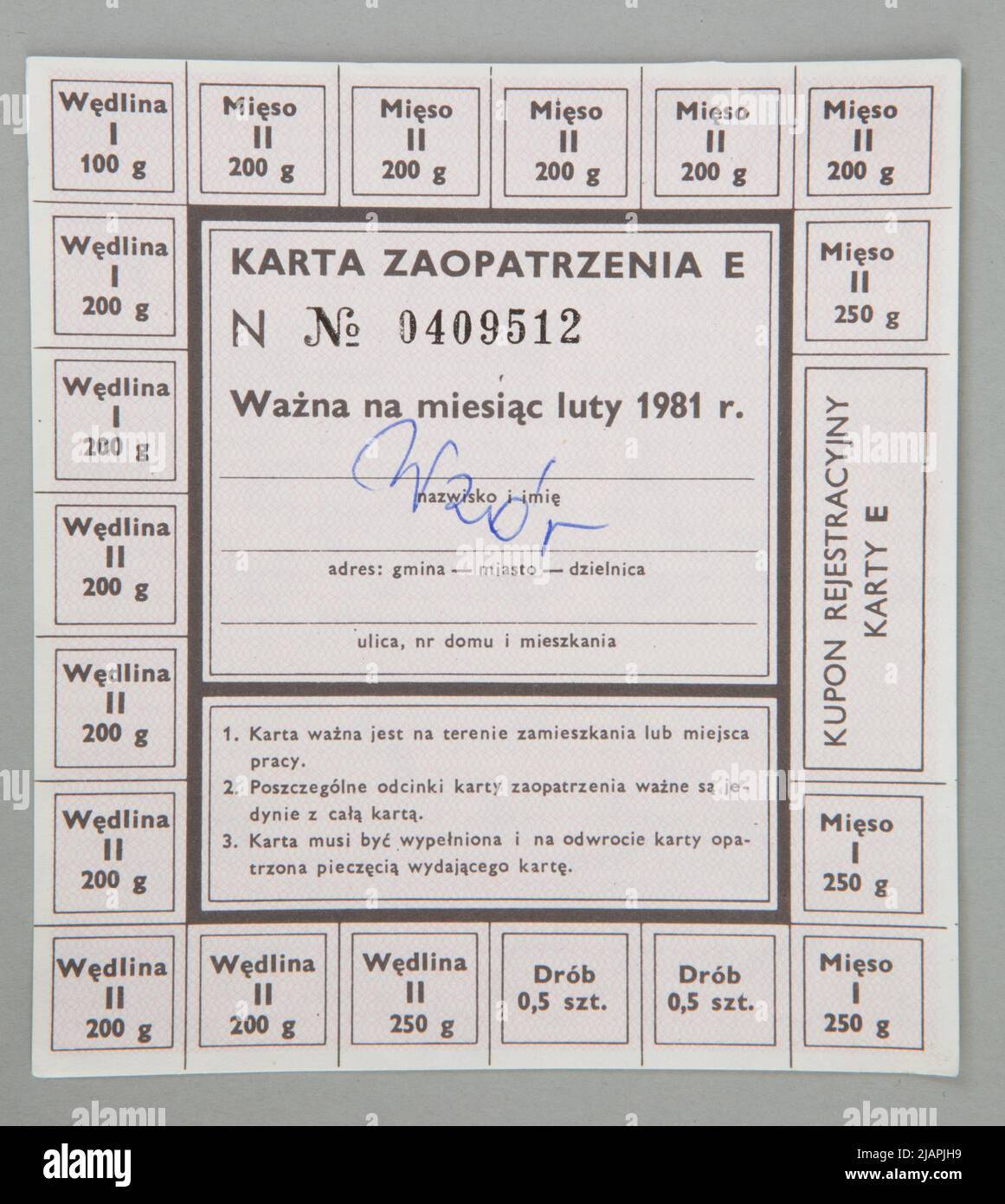 A pattern of a regulation card for meat, sausages and poultry from 1981 ...