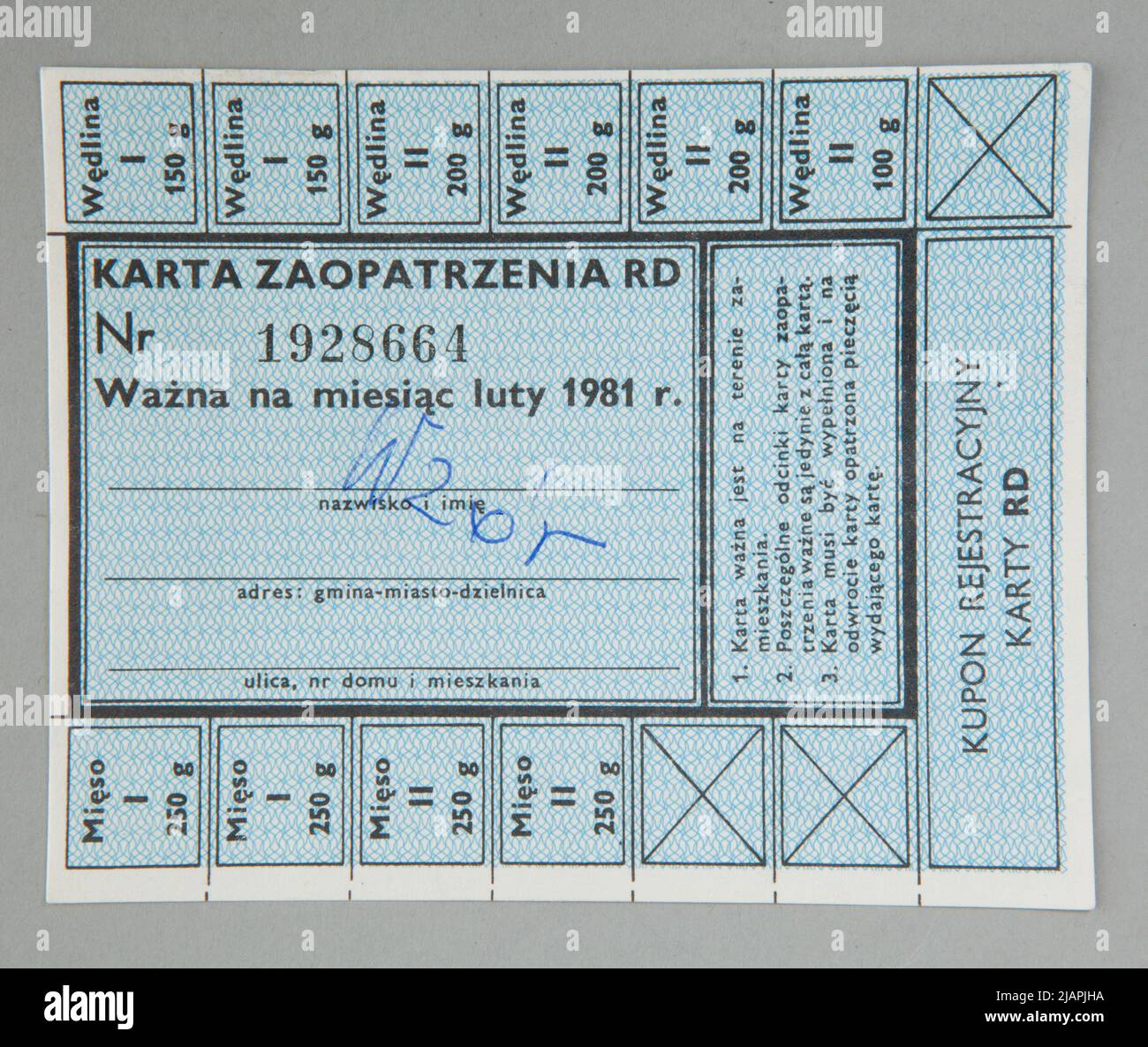 A pattern of a regulation card for meat, sausages and poultry from 1981 ...