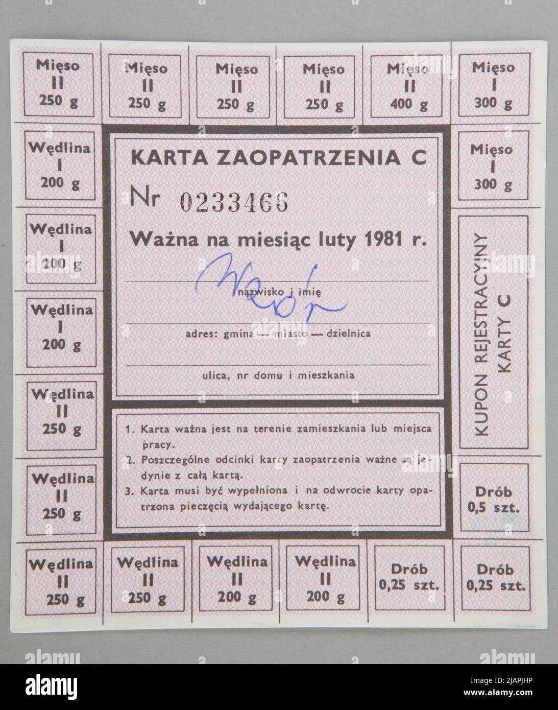 A pattern of a regulation card for meat, sausages and poultry from 1981 ...
