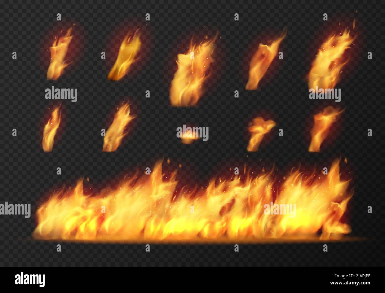 Realistic fire flame of different shapes set on transparent background ...