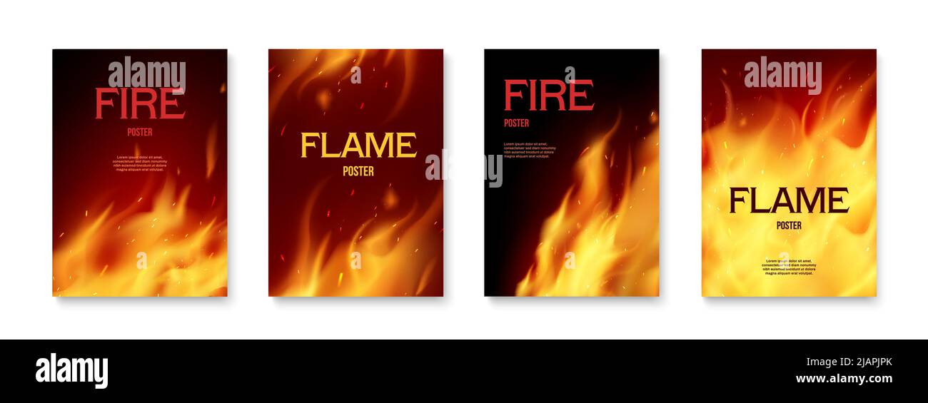 Fire flame on dark background realistic vertical posters set isolated ...