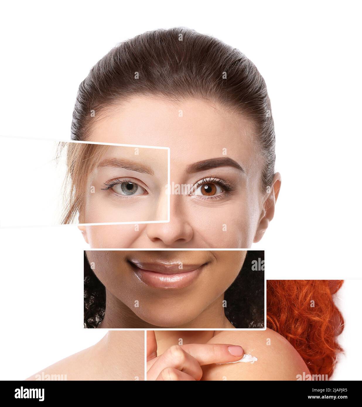 Portrait of young woman made of different parts of female faces on ...