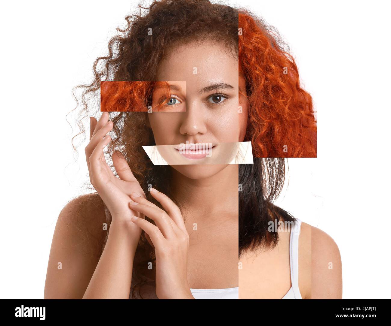 Portrait of young woman made of different parts of female faces on ...