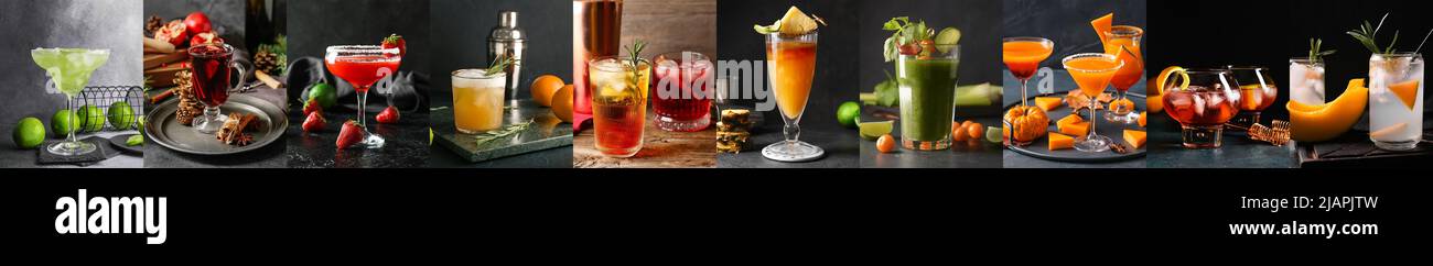 Collage of refreshing summer cocktails on dark background Stock Photo ...