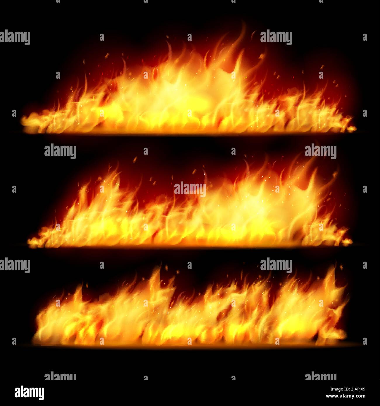 Horizontal fire flame realistic set on black background isolated vector ...