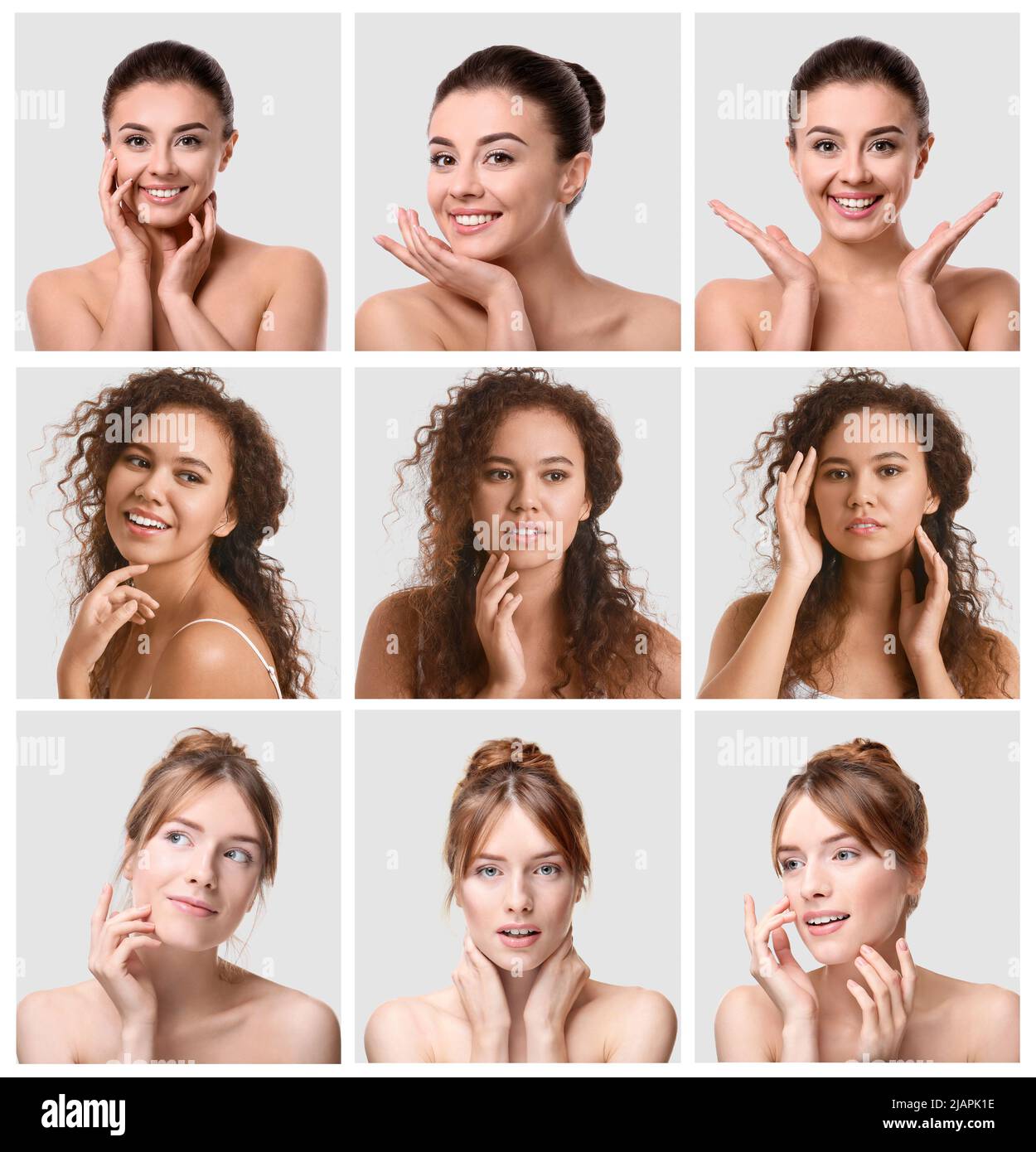 Collage with different beautiful young women on light background. Skin ...