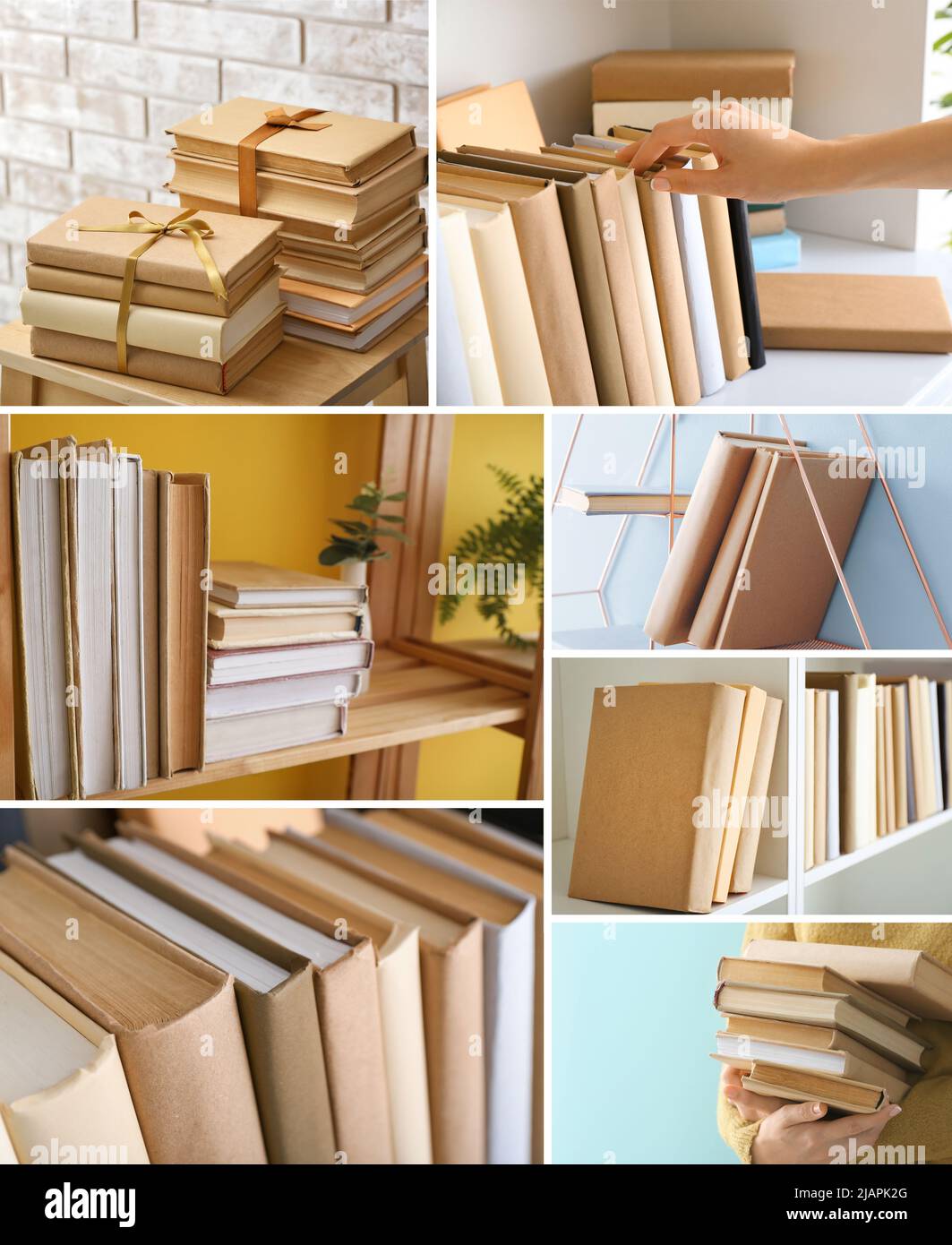 Collage with many different books on shelves and table Stock Photo - Alamy