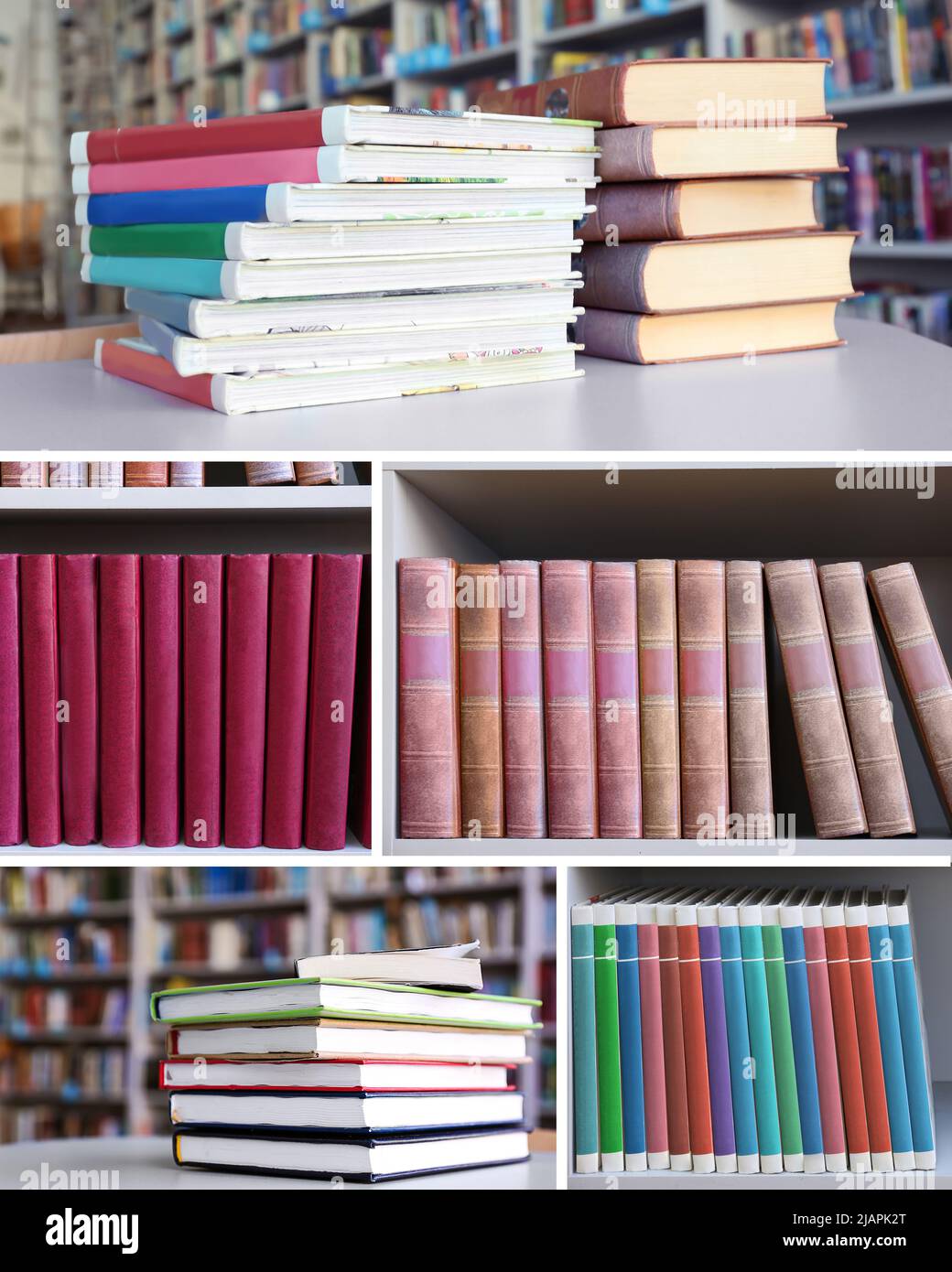 Collage with many different books in library Stock Photo - Alamy