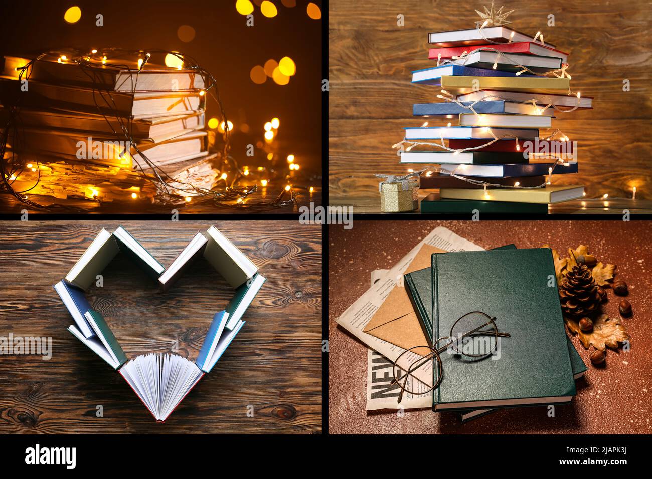 Collage with many different books and Christmas lights Stock Photo - Alamy