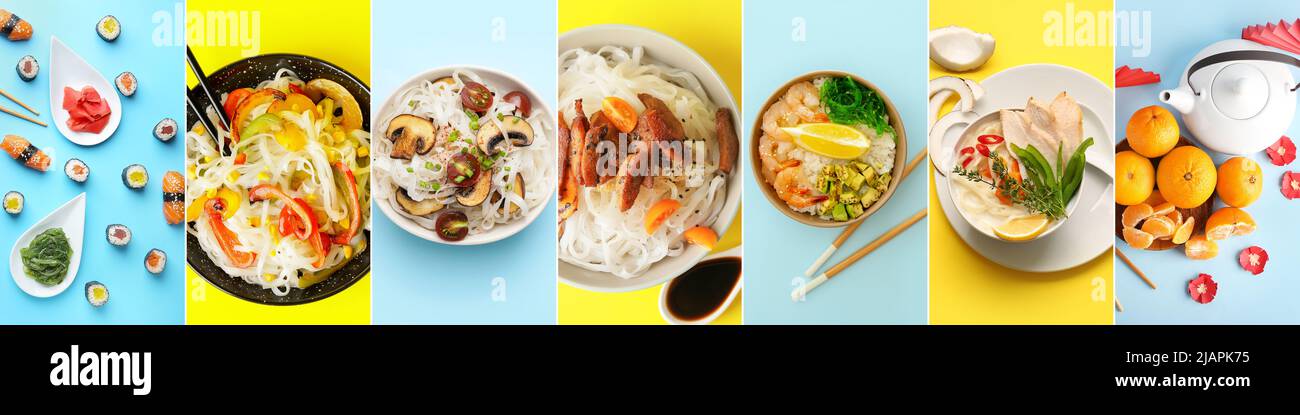 Set of traditional Asian food on color background, top view Stock Photo ...