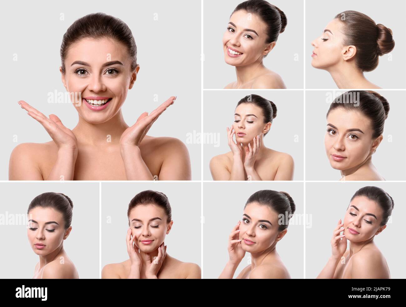 Collage with pretty young woman on light background. Skin care concept ...
