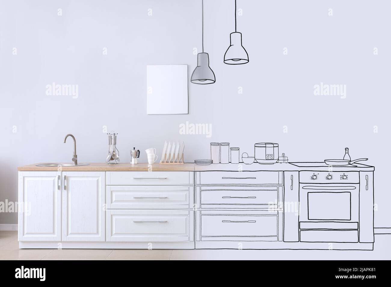New interior of stylish kitchen with modern oven and lamps Stock Photo ...