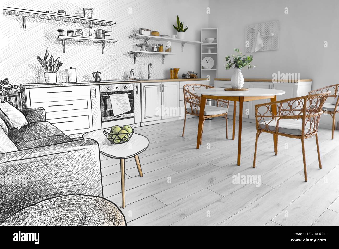 New interior of stylish kitchen with dining table and sofa Stock Photo ...