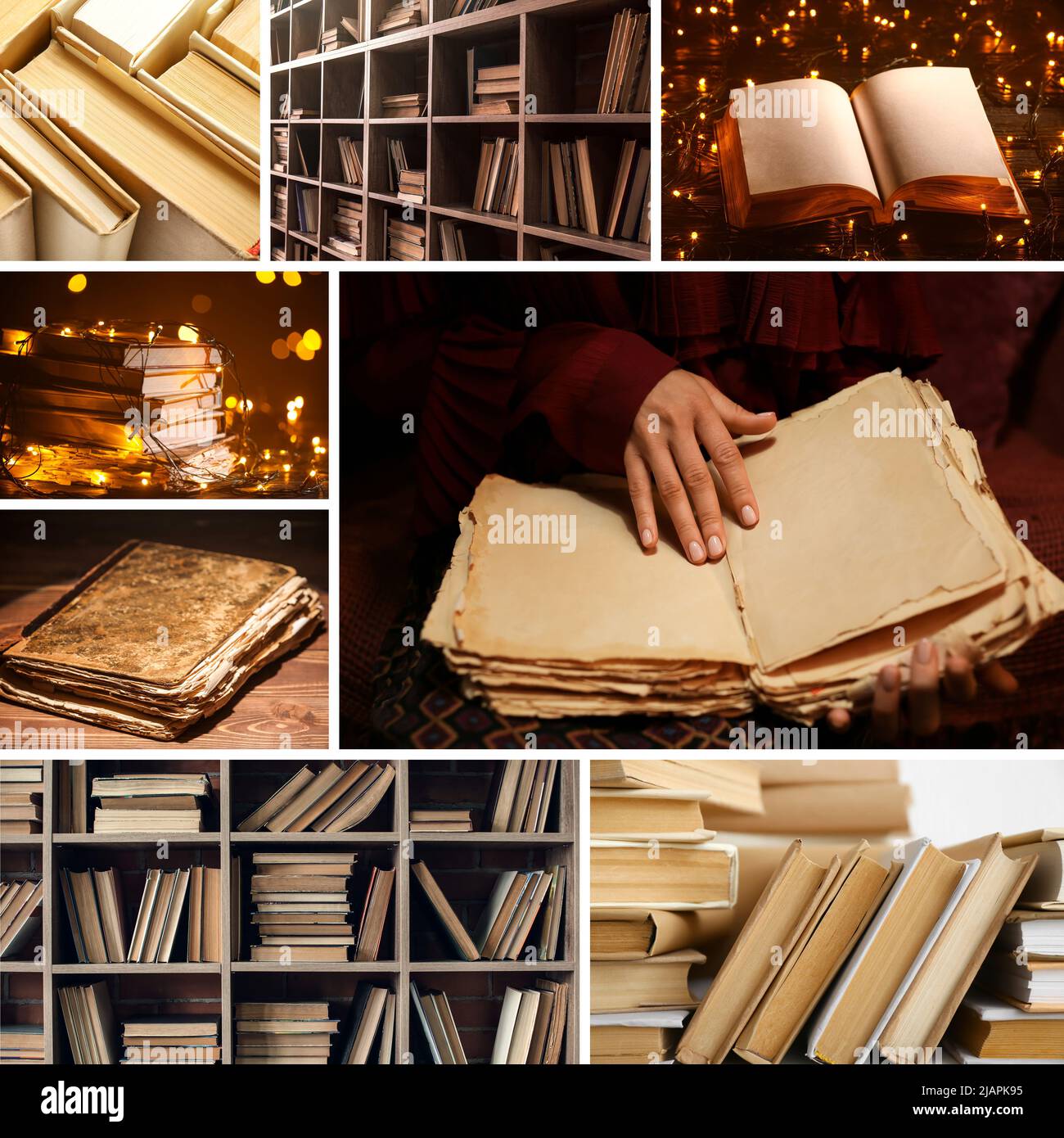 Collage with young woman and many different books Stock Photo - Alamy