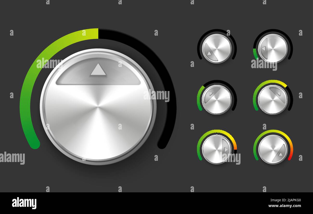 Realistic round chrome adjustment dials at different settings isolated ...