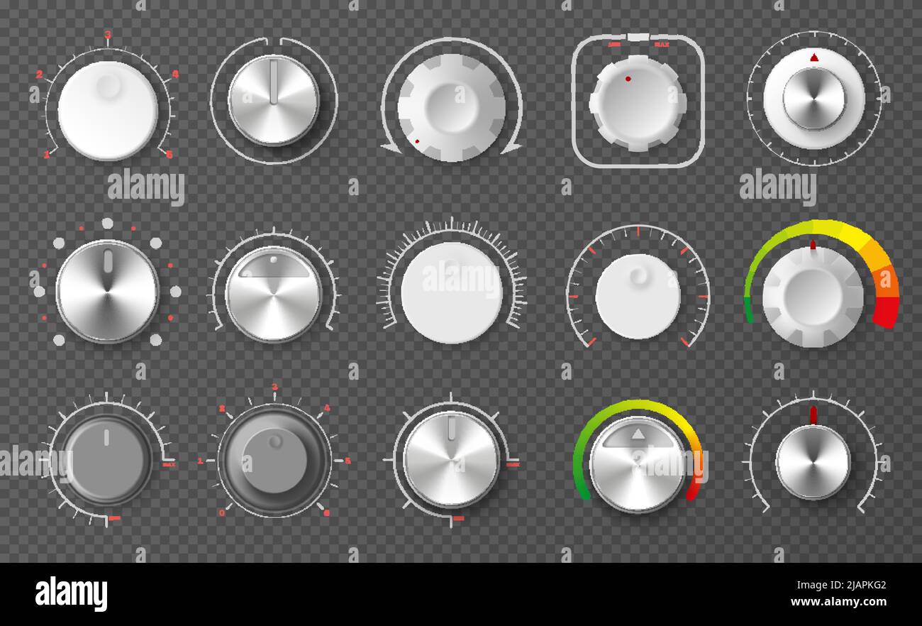 Realistic set of circle shiny metallic regulator buttons for level adjustment on transparent ...