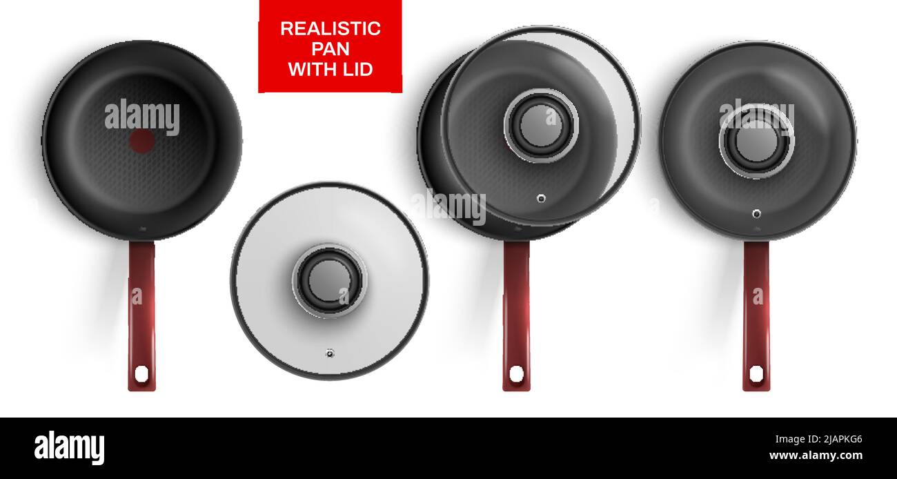 Realistic set of modern frying pans with lids top view isolated vector ...