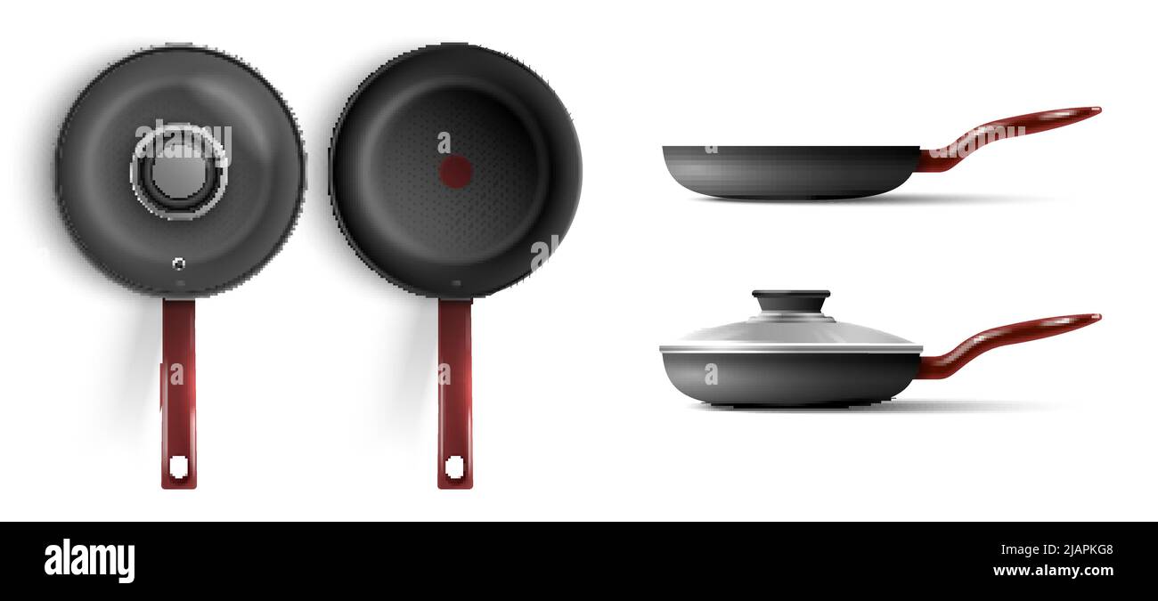 Modern non stick frying pan with lid top and side view realistic set ...