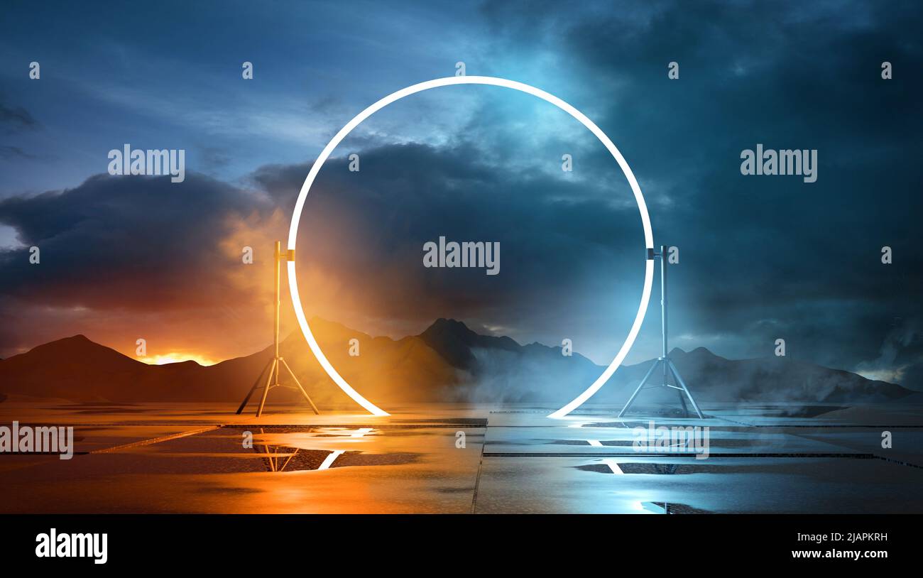 Glowing atmospheric lighting loop circle set against an outdoor ...