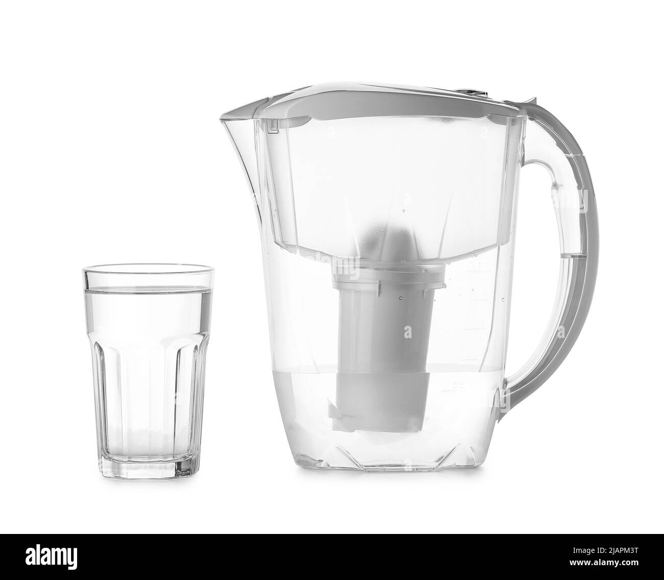 Water filter jug with glass on white background Stock Photo - Alamy