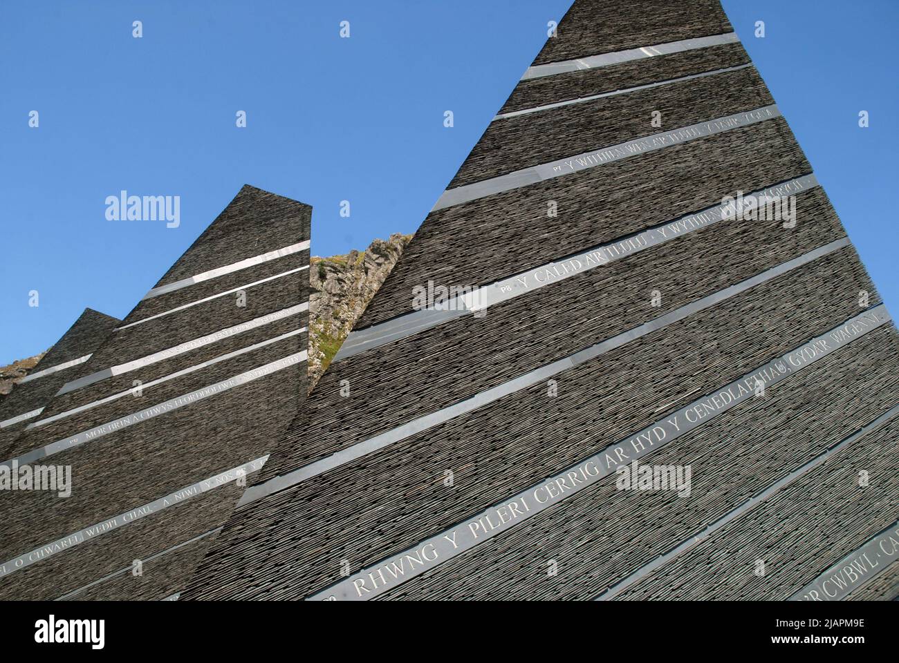 Slate sculptures commemorating the slate mining industry at Blaenau ...