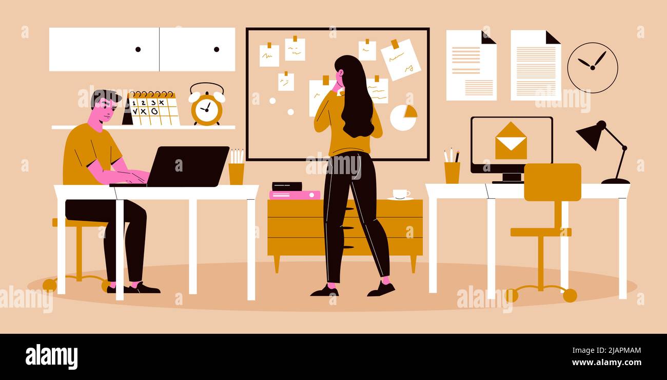 Time management composition with indoor view of office room with ...