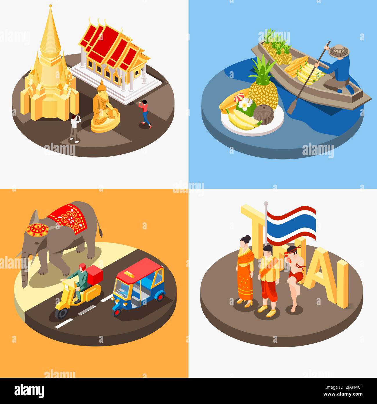 Thailand touristic set with four isolated compositions of round ...