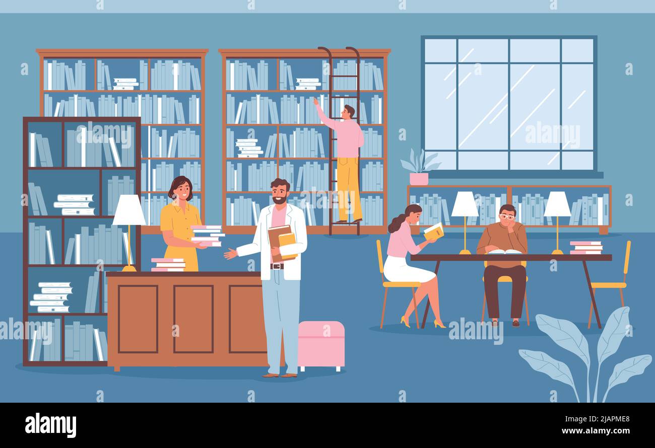 Library flat color background with people reading books at table and ...