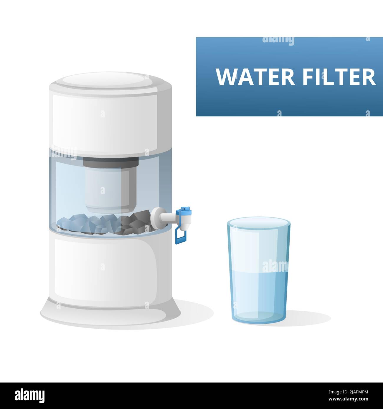 Household mineralized water filter and glass on white background ...