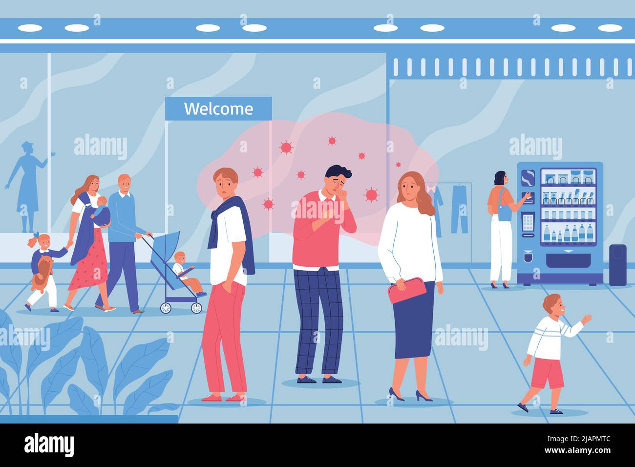 Cold flu virus color composition with adult and children characters ...