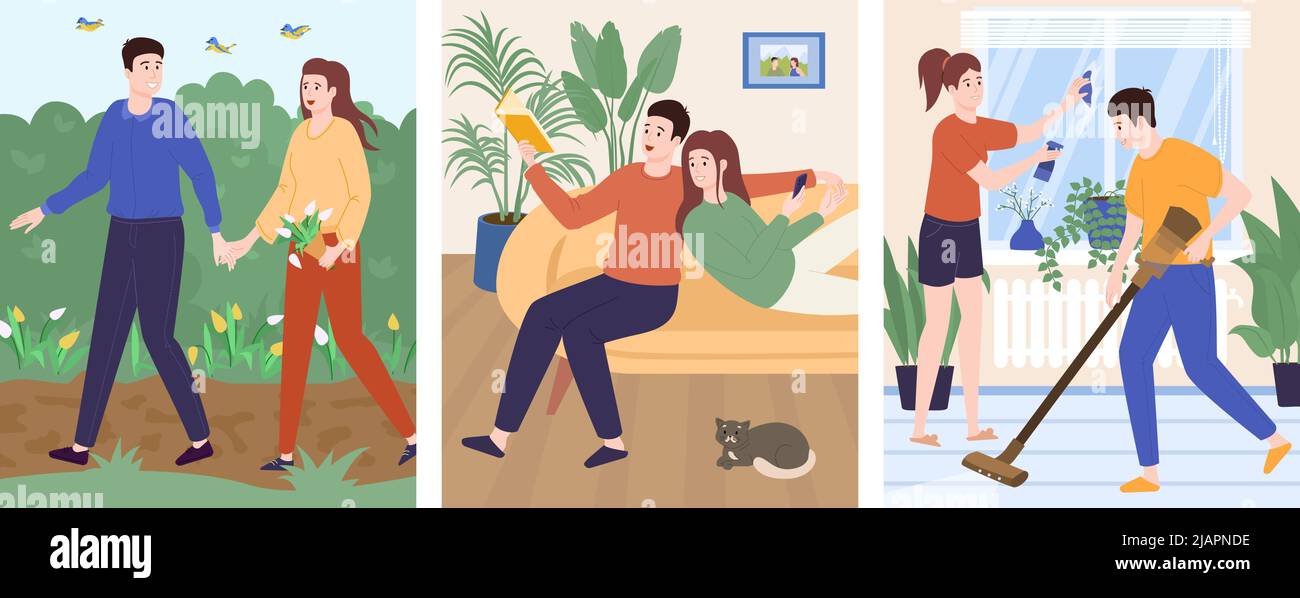 Couple daily life cards set with routine and recreation symbols flat ... Couple daily life cards set with routine and recreation symbols flat ...