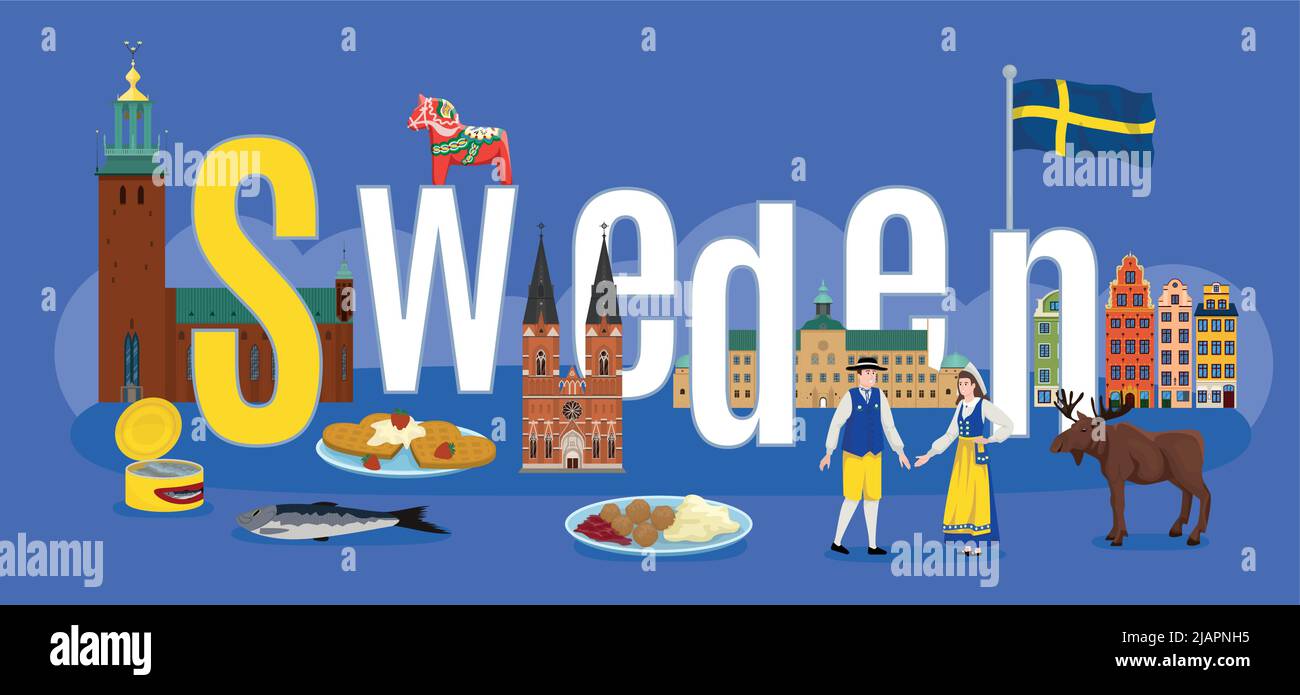 Sweden touristic concept with national culture symbols flat vector ...