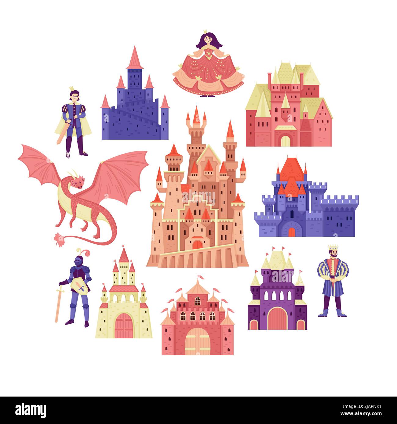 Kingdom composition with doodle characters of prince knight king and ...